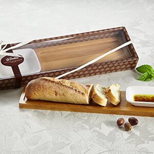 Artisano Designs La Panetteria Board with Dipping Dish Bread EVOO Serving Tray, Packaged Favor Dimensions Approx. 4.5” x 13" x 3.5" (11 x 33 x 9 cm). Bamboo 3.25" x 12.5" x 0.5" (8 x 32 cm x 1.2 cm