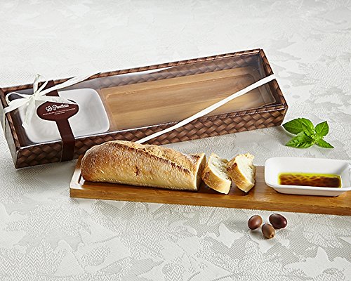 Artisano Designs La Panetteria Board with Dipping Dish Bread EVOO Serving Tray, Packaged Favor Dimensions Approx. 4.5” x 13" x 3.5" (11 x 33 x 9 cm). Bamboo 3.25" x 12.5" x 0.5" (8 x 32 cm x 1.2 cm