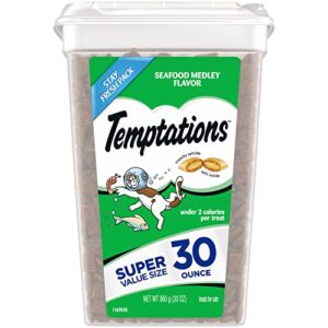 temptations classic crunchy and soft cat treats seafood medley flavor, 30 oz. tub