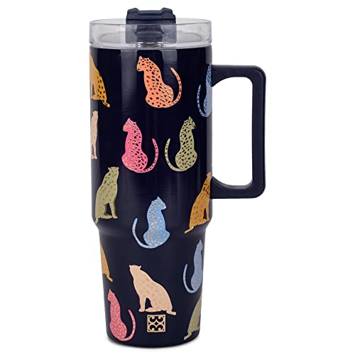 Mary Square Leader of the Pack Leopard Navy 30 ounce Stainless Steel Water Tumbler with Handle