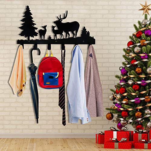 Coat Hooks Wall Mounted, Kathy Metal Towel Hook Rack Moon Cloud Animal Deer Hanger for Bathrooms Door Hanging Key Robe Bag Umbrella- 6 Hooks, black