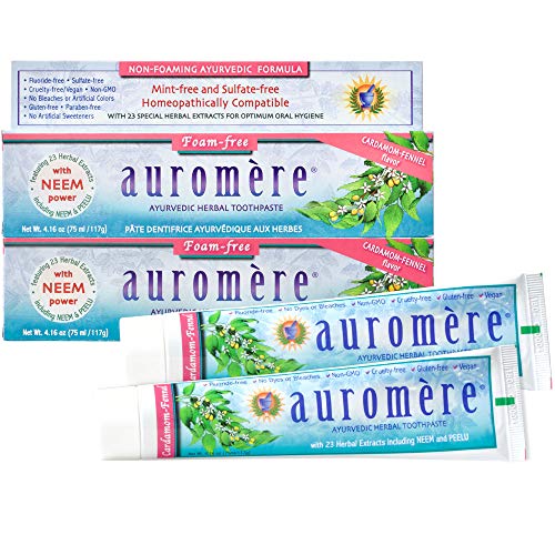 Auromere Ayurvedic Herbal Toothpaste, Cardamom Fennel, Foam Free - Vegan, Natural, Non GMO, SLS Free, Fluoride Free, Gluten Free, with Neem & Peelu (4.16 oz), 2 Pack