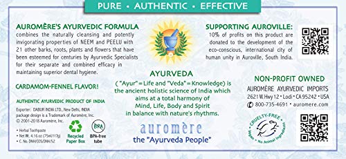 Auromere Ayurvedic Herbal Toothpaste, Cardamom Fennel, Foam Free - Vegan, Natural, Non GMO, SLS Free, Fluoride Free, Gluten Free, with Neem & Peelu (4.16 oz), 2 Pack