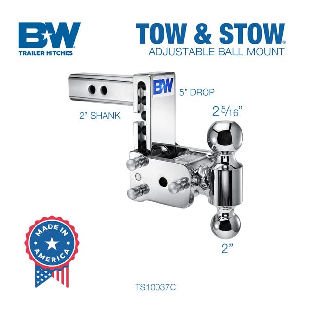 B&W Trailer Hitches Chrome Tow & Stow Adjustable Trailer Hitch Ball Mount - Fits 2" Receiver, Dual Ball (2" x 2-5/16"), 5" Drop, 10,000 GTW - TS10037C