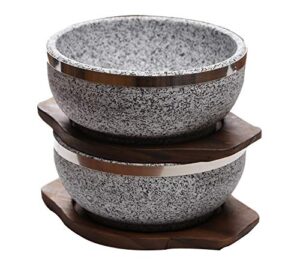 koreartstory dolsot-bibimbap stone bowls 32-oz(set of 2 + wood base 1 more + bibimbap recipe) cooking korean soup and food