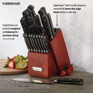 Farberware Forged Triple Rivet Kitchen Knife Block Set with Built-In Knife Sharpener, 21-Piece Set, High-Carbon Stainless Steel Knife Set Includes Meat Cleaver, Carving Fork and 8 Steak Knives, Cherry