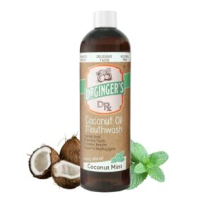 dr. ginger's coconut oil pulling mouthwash, all-natural oil pulling & xylitol to target bad breath, support tongue and gum health and brighten teeth, fluoride-free, coconut mint flavor, 14fl oz, 1ct