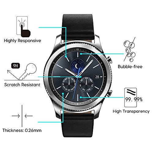 OMOTON Tempered Glass Screen Protector Compatible Samsung Galaxy Watch 46mm (2018) & Gear S3 [3 Pack]