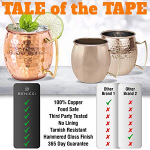 Benicci Moscow Mule Copper Mugs - Set of 4-100% HANDCRAFTED - Food Safe Pure Solid Copper Mugs - 16 oz Gift Set with BONUS: Premium Quality Cocktail Copper Straws and Jigger!