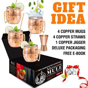 Benicci Moscow Mule Copper Mugs - Set of 4-100% HANDCRAFTED - Food Safe Pure Solid Copper Mugs - 16 oz Gift Set with BONUS: Premium Quality Cocktail Copper Straws and Jigger!