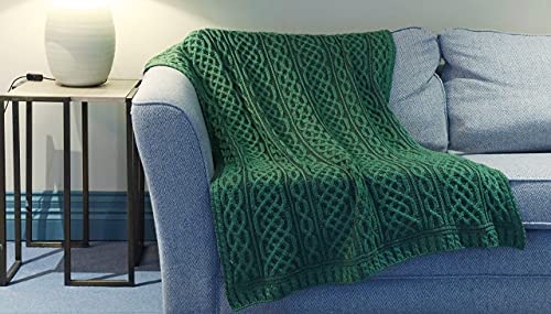 Carraig Donn Irish Cable Knit Blanket Celtic Aran Throw - 100% Merino Wool Made in Ireland - 40"x 55" (102 x 140 cm)(Kiwi/Connemara Green)