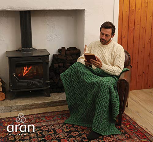 Carraig Donn Irish Cable Knit Blanket Celtic Aran Throw - 100% Merino Wool Made in Ireland - 40"x 55" (102 x 140 cm)(Kiwi/Connemara Green)