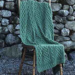 Carraig Donn Irish Cable Knit Blanket Celtic Aran Throw - 100% Merino Wool Made in Ireland - 40"x 55" (102 x 140 cm)(Kiwi/Connemara Green)