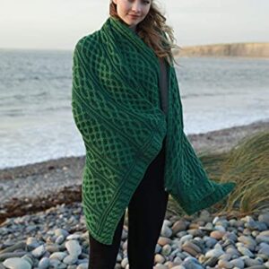 Carraig Donn Irish Cable Knit Blanket Celtic Aran Throw - 100% Merino Wool Made in Ireland - 40"x 55" (102 x 140 cm)(Kiwi/Connemara Green)