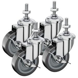 houseables caster wheels, casters, set of 4, 3 inch, (screw diameter 3/8"-16, length 1.5"), rubber, heavy duty, threaded stem mount industrial castors, locking metal swivel wheel, for furniture, cart