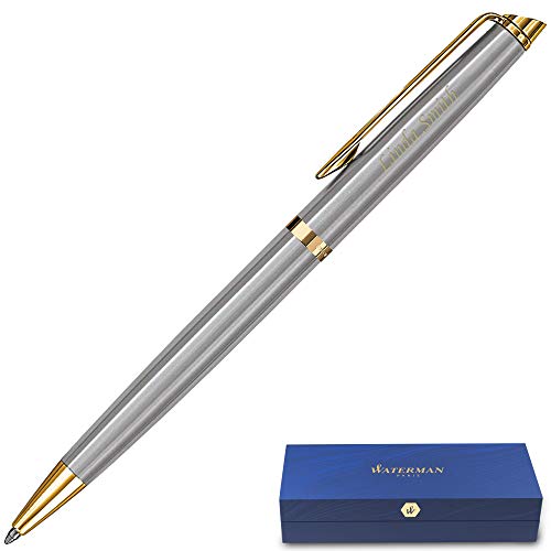 Dayspring Pens Personalized Waterman Pen | Engraved Waterman Hemisphere Stainless Gold Trim Ballpoint Pen. Personalized and Shipped in One Business Day