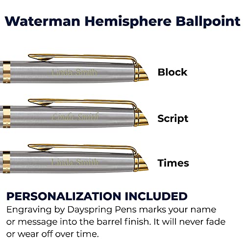 Dayspring Pens Personalized Waterman Pen | Engraved Waterman Hemisphere Stainless Gold Trim Ballpoint Pen. Personalized and Shipped in One Business Day