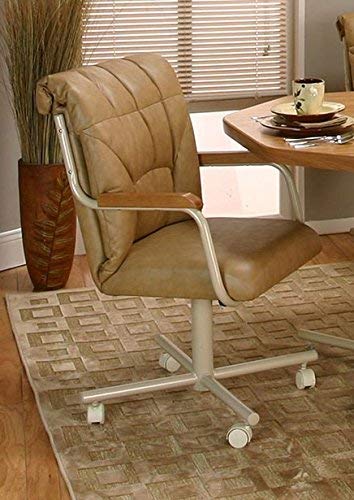 Caster Chair Company Casual Rolling Caster Dining Chair with Honey Oak Wood Arms and Buff Leatherette Seat and Back (1 Chair)