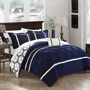 Chic Home Marcia 4 Piece Comforter Set Printed Pinch Pleated Ruffled and Reversible Geometric Design with Decorative Pillow and Sham, Full/Queen, Navy