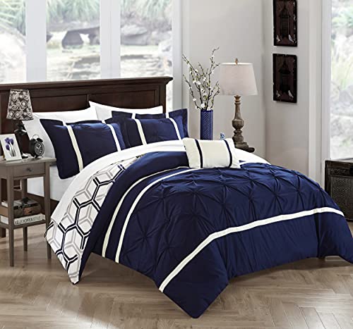 Chic Home Marcia 4 Piece Comforter Set Printed Pinch Pleated Ruffled and Reversible Geometric Design with Decorative Pillow and Sham, Full/Queen, Navy