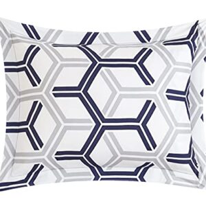 Chic Home Marcia 4 Piece Comforter Set Printed Pinch Pleated Ruffled and Reversible Geometric Design with Decorative Pillow and Sham, Full/Queen, Navy