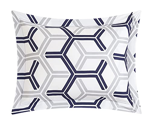 Chic Home Marcia 3 Piece Reversible Comforter Set Super Soft Microfiber Pinch Pleated Ruffled Design with Geometric Patterned Print Bedding with Decorative Pillows Shams, Twin, Navy