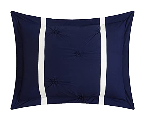 Chic Home Marcia 3 Piece Reversible Comforter Set Super Soft Microfiber Pinch Pleated Ruffled Design with Geometric Patterned Print Bedding with Decorative Pillows Shams, Twin, Navy