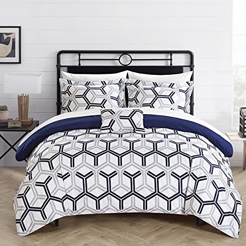 Chic Home Marcia 3 Piece Reversible Comforter Set Super Soft Microfiber Pinch Pleated Ruffled Design with Geometric Patterned Print Bedding with Decorative Pillows Shams, Twin, Navy