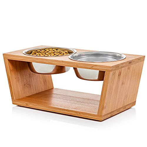 Pawfect Pets Elevated Dog Bowl Stand- 7" Raised Dog Bowl for Medium Dogs. Pet Feeder with Four Stainless Steel Bowls.