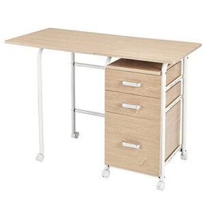 Tangkula Folding Computer Desk Wheeled Home Office Furniture with 3 Drawers Laptop Desk Writing Table Portable Dorm Apartment Space Saving Compact Desk for Small Spaces