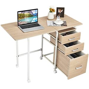 Tangkula Folding Computer Desk Wheeled Home Office Furniture with 3 Drawers Laptop Desk Writing Table Portable Dorm Apartment Space Saving Compact Desk for Small Spaces