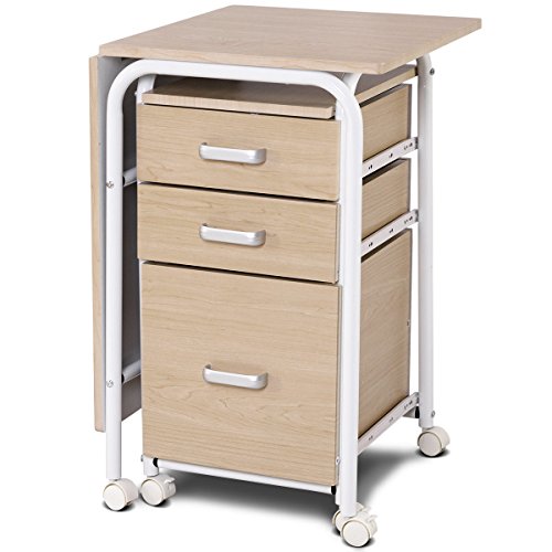 Tangkula Folding Computer Desk Wheeled Home Office Furniture with 3 Drawers Laptop Desk Writing Table Portable Dorm Apartment Space Saving Compact Desk for Small Spaces