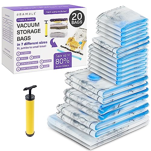 Bramble 7 Sizes 20 Vacuum Storage Bags Space Saver Bags (2 XL Jumbo/2 Jumbo/2 Large/2 Medium/6 Small/6 Roll) Compression Storage Bags for Comforters & Blankets, Vacuum Sealer Bags for Clothes Storage