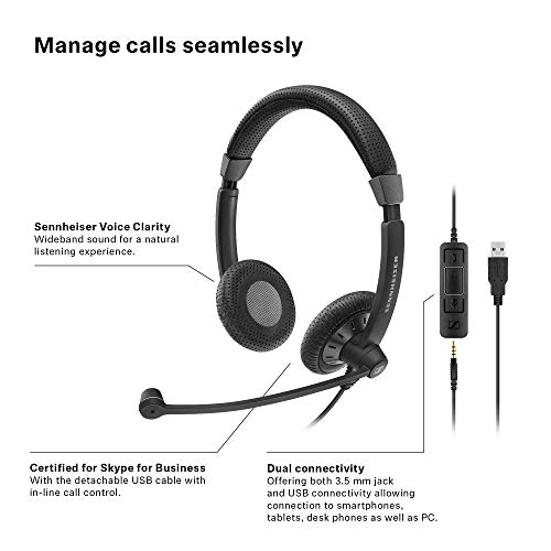 Sennheiser SC 75 USB MS (507086) - Double-Sided Business Headset | For Skype for Business, with Mobile Phone, Tablet, Softphone, and PC | HD Sound & Noise-Cancelling Microphone (Black)