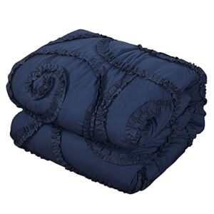 Chic Home CS2213-AN 7 Piece Rosalia Floral Ruffled Etched Embroidery Comforter Set, King, Navy