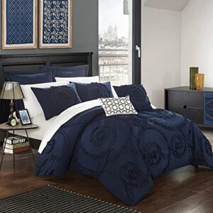 Chic Home CS2213-AN 7 Piece Rosalia Floral Ruffled Etched Embroidery Comforter Set, King, Navy