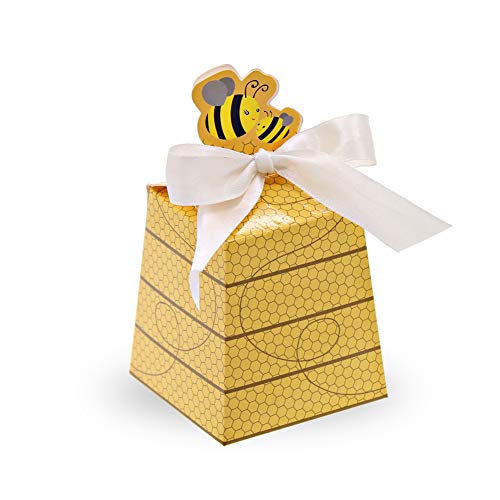 SumDirect Paper Beehive Gift Boxes - 50Pcs Wedding Favor Candy Boxes with Ribbons,Yellow Winnie The Pooh Baby Shower Bee Gift Box for Birthday Decorations