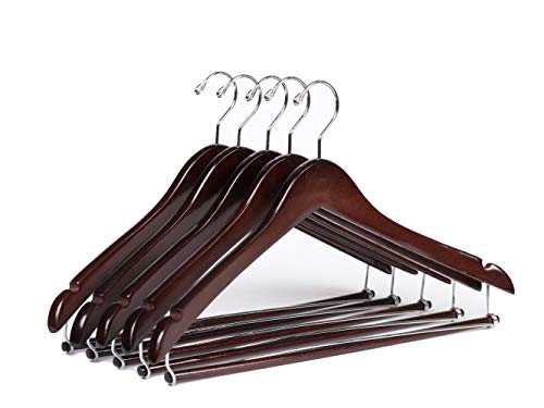 Quality Hangers 10 Wooden Curved Hangers Beautiful Sturdy Suit Coat Hangers with Locking Bar Chrome Hooks (10)