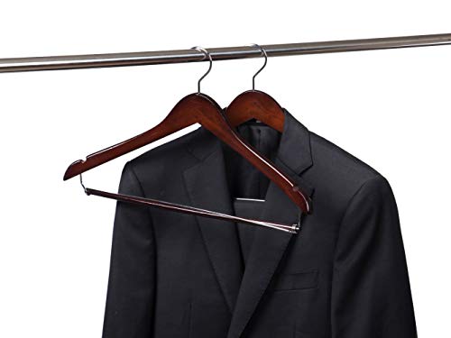 Quality Hangers 10 Wooden Curved Hangers Beautiful Sturdy Suit Coat Hangers with Locking Bar Chrome Hooks (10)