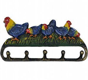 Flag Emotes Rooster & Chickens Wall Hook 3 Piece Set Colorful Painted Cast Iron Coat Hangers Rack