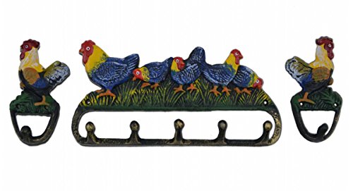 Flag Emotes Rooster & Chickens Wall Hook 3 Piece Set Colorful Painted Cast Iron Coat Hangers Rack