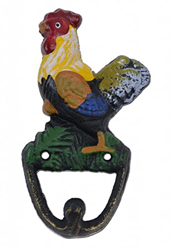 Flag Emotes Rooster & Chickens Wall Hook 3 Piece Set Colorful Painted Cast Iron Coat Hangers Rack