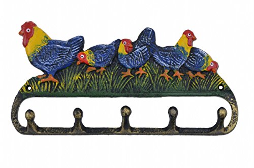 Flag Emotes Rooster & Chickens Wall Hook 3 Piece Set Colorful Painted Cast Iron Coat Hangers Rack