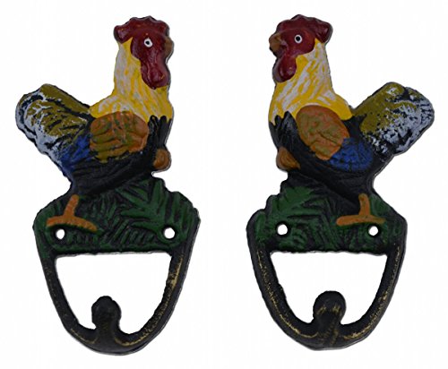 Flag Emotes Rooster & Chickens Wall Hook 3 Piece Set Colorful Painted Cast Iron Coat Hangers Rack