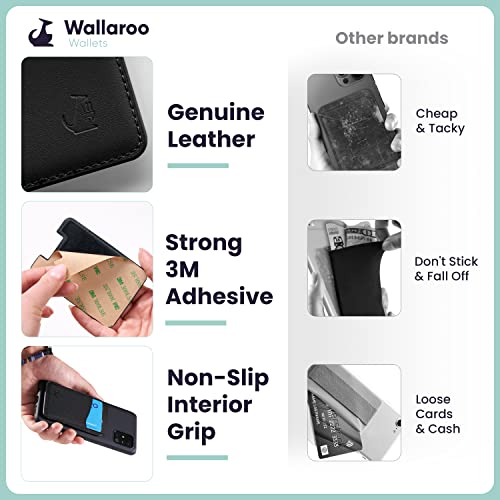 Premium Leather Phone Card Holder - Stick On Wallet for iPhone and Android Smartphones - Minimalist Style with Non-Slip Lining Secures Up to 3 Cards Kangaroo (Black Leather) by Wallaroo