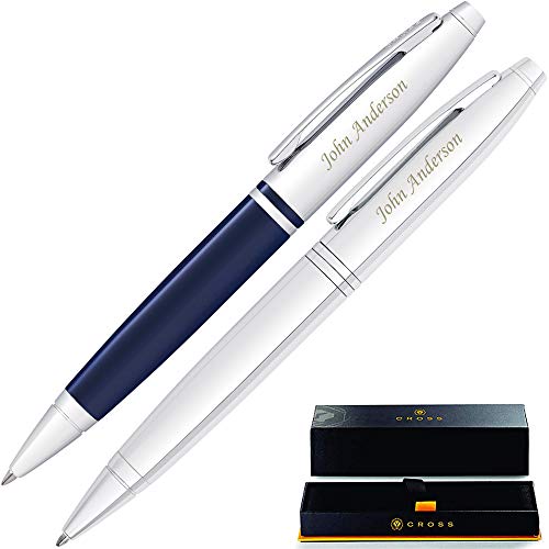 Dayspring Pens Engraved Cross Pen Set | Personalized Cross Calais Gift Double Gift Pen Set 1 Lustrous Chrome and 1 Blue Lacquer and Chrome Pen. Custom Engraved