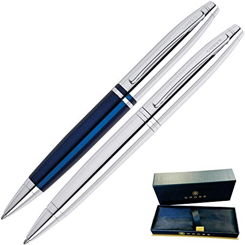 Dayspring Pens Engraved Cross Pen Set | Personalized Cross Calais Gift Double Gift Pen Set 1 Lustrous Chrome and 1 Blue Lacquer and Chrome Pen. Custom Engraved