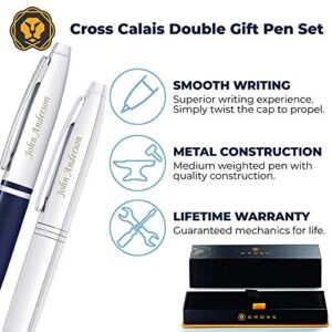 Dayspring Pens Engraved Cross Pen Set | Personalized Cross Calais Gift Double Gift Pen Set 1 Lustrous Chrome and 1 Blue Lacquer and Chrome Pen. Custom Engraved