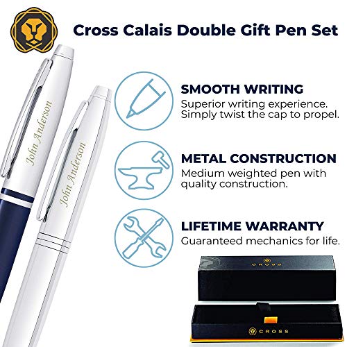 Dayspring Pens Engraved Cross Pen Set | Personalized Cross Calais Gift Double Gift Pen Set 1 Lustrous Chrome and 1 Blue Lacquer and Chrome Pen. Custom Engraved