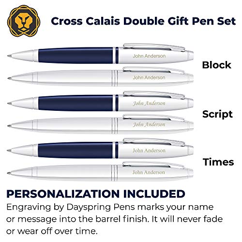 Dayspring Pens Engraved Cross Pen Set | Personalized Cross Calais Gift Double Gift Pen Set 1 Lustrous Chrome and 1 Blue Lacquer and Chrome Pen. Custom Engraved